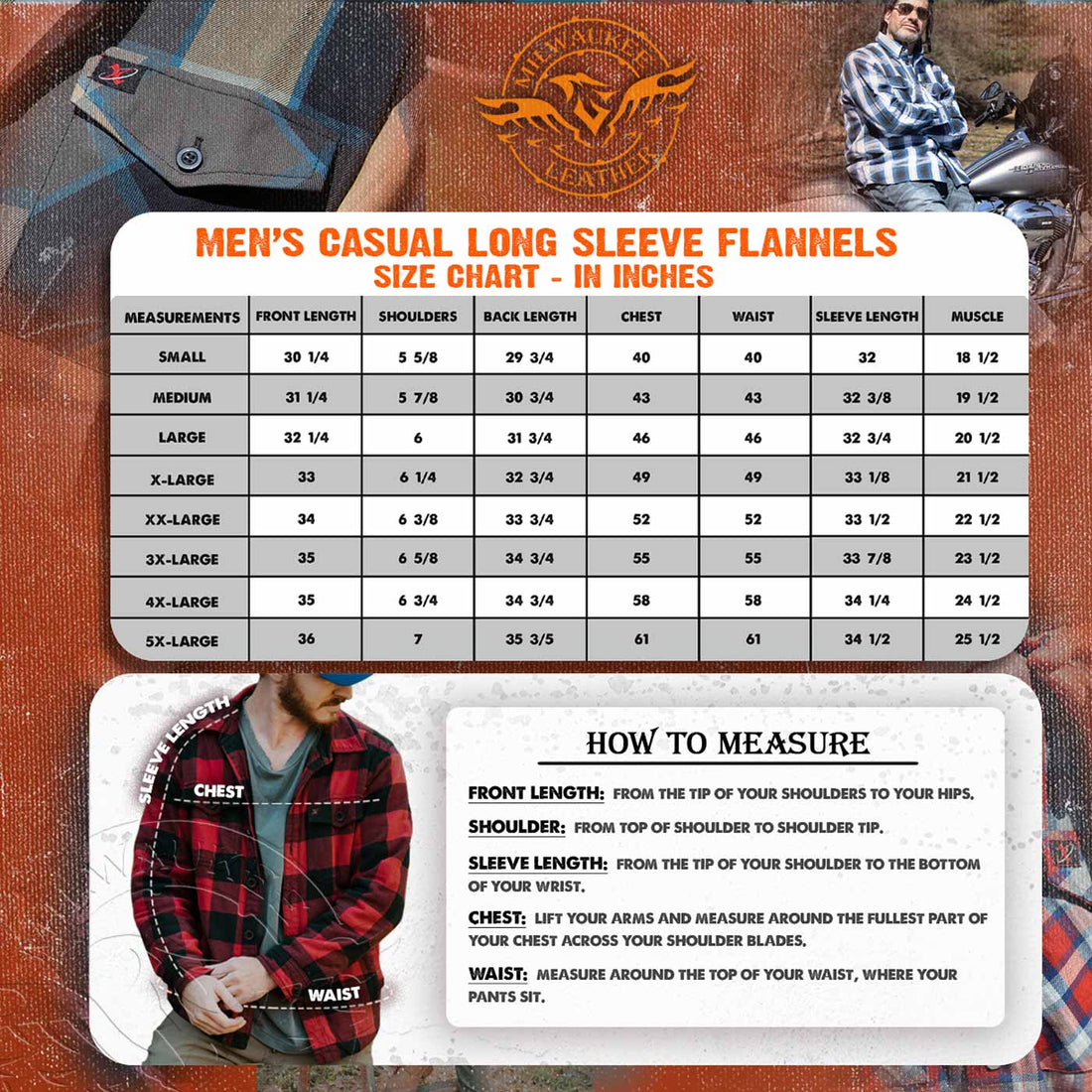 Milwaukee Leather MNG11642 Men's Flannel Plaid Orange and Black Long ...