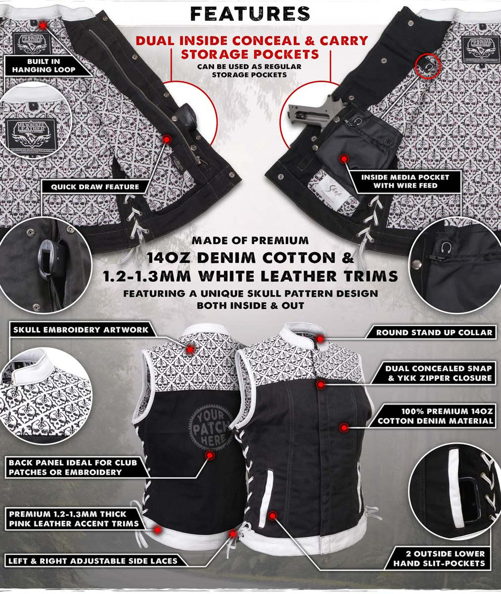 Milwaukee Leather MDL4050 Women's 'Skelly' Black with White Motorcycle ...
