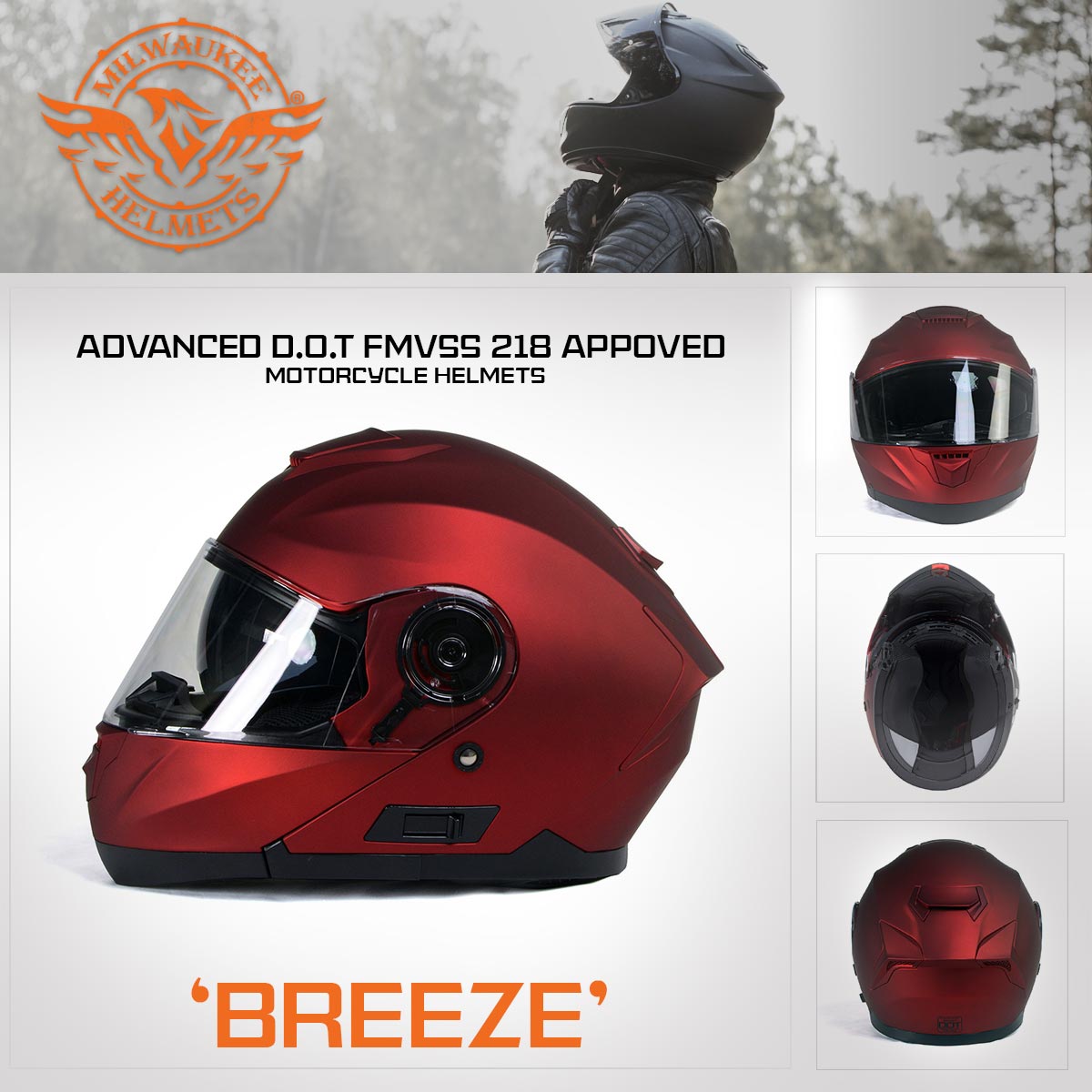 Milwaukee Helmets MPH9817DOT Breeze Red Advanced Motorcycle Modular ...
