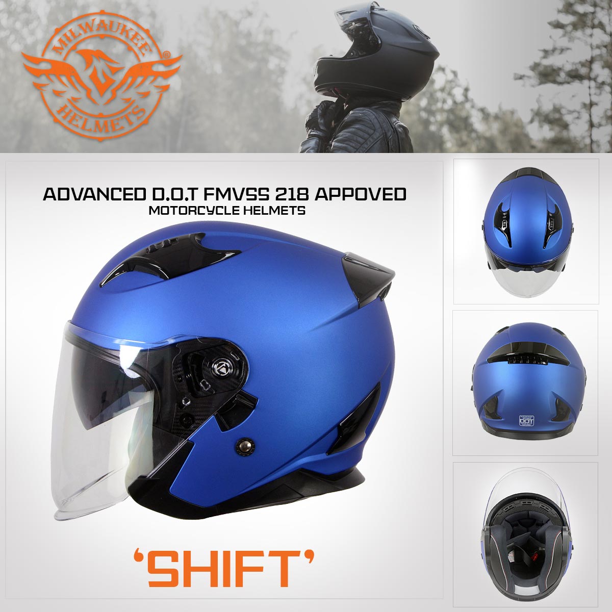 Milwaukee Helmets MPH9825DOT Shift Open Face 3/4 Blue Helmet Biker w ...