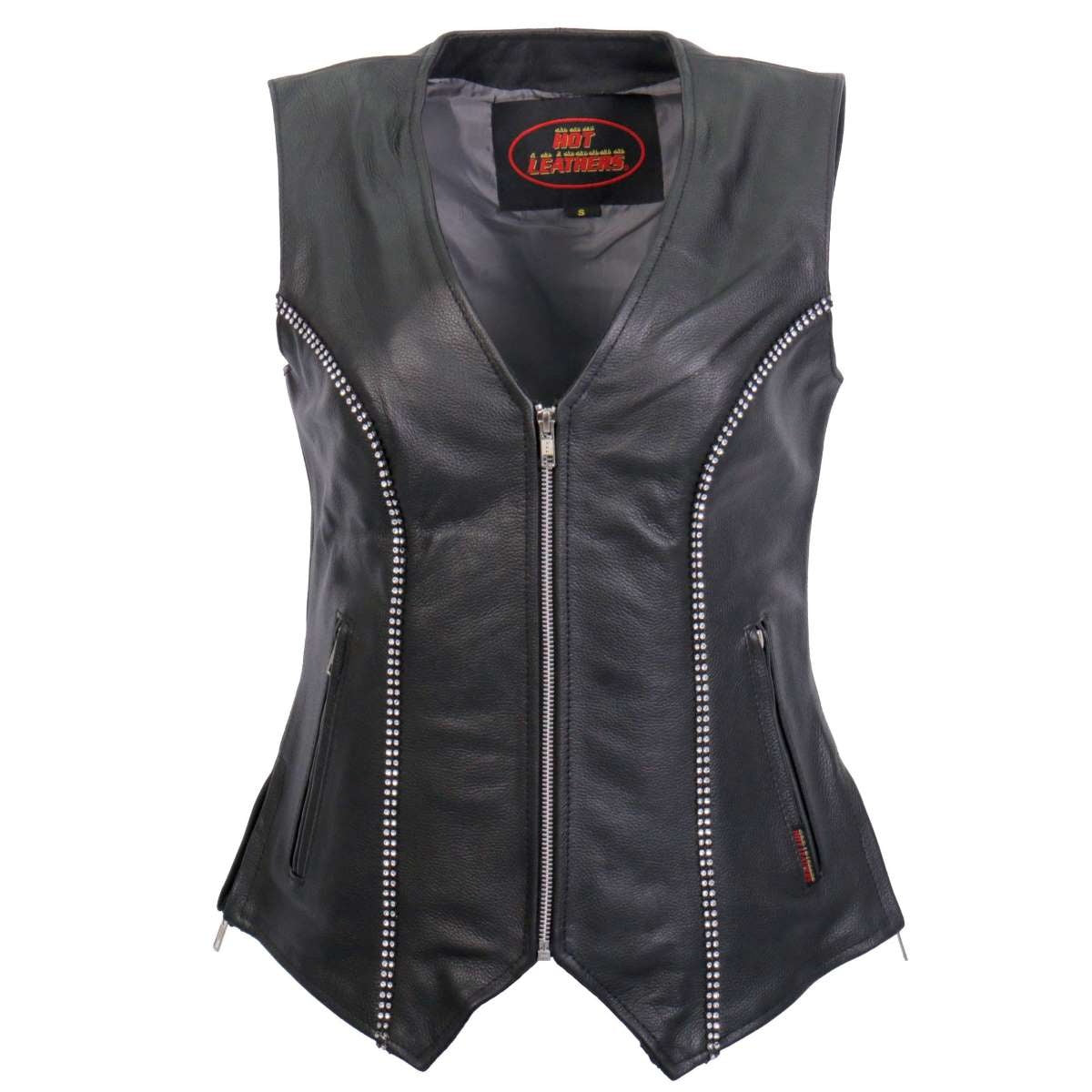 Hot Leathers VSL1016 Ladies 'Rhinestone' Black Leather MC Vest ...