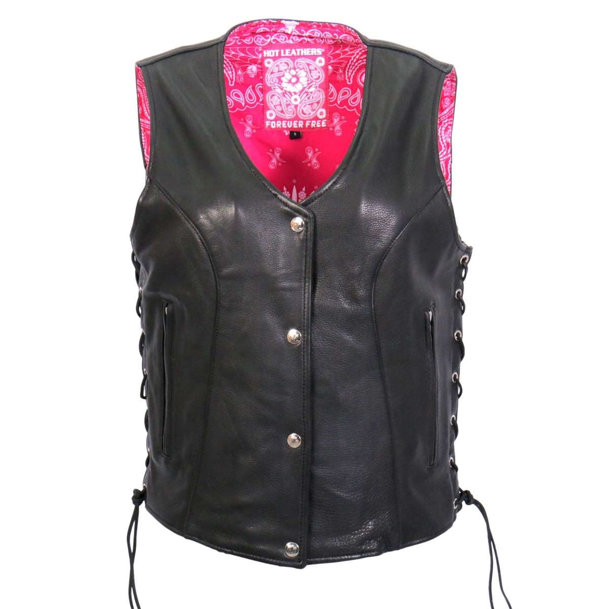 Hot Leathers VSL1018 Ladies 'Pink Paisley' Lined Black Leather MC Vest ...